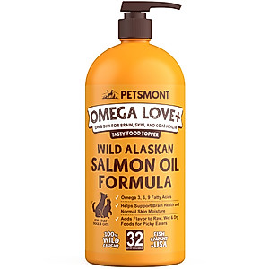Petsmont Omega Love+ Wild Alaskan Salmon Oil for Dogs Formula 32 oz - Fish Omega Liquid Pump Cats Supports Joint Function Immune Heart Health Food Supplement Pets Natural EPA DHA Fatty Acids