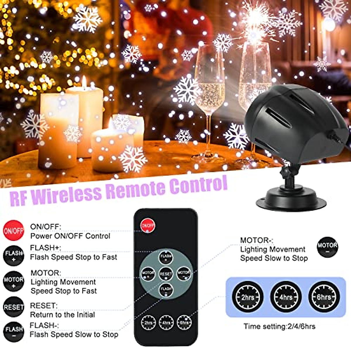 Snow Projector Lights, Xmas Snowflake Night Projection Lamp, IP65 Waterproof Outdoor LED Snow Spotlight with Remote Control for Halloween Holiday Party Home Decoration Garden Light Projector