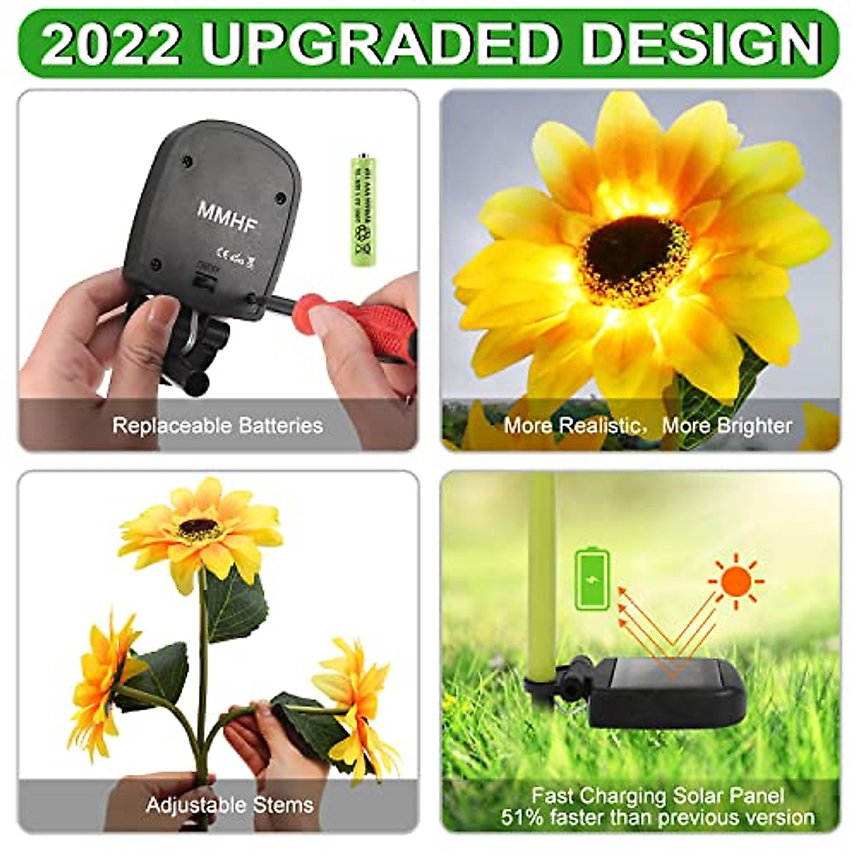 MMHF Outdoor Solar Garden Stake Lights,Upgraded LED Solar Powered Light with 3 Sunflower, Waterproof Solar Decorative Lights for Garden, Patio, Backyard (1 Pack)