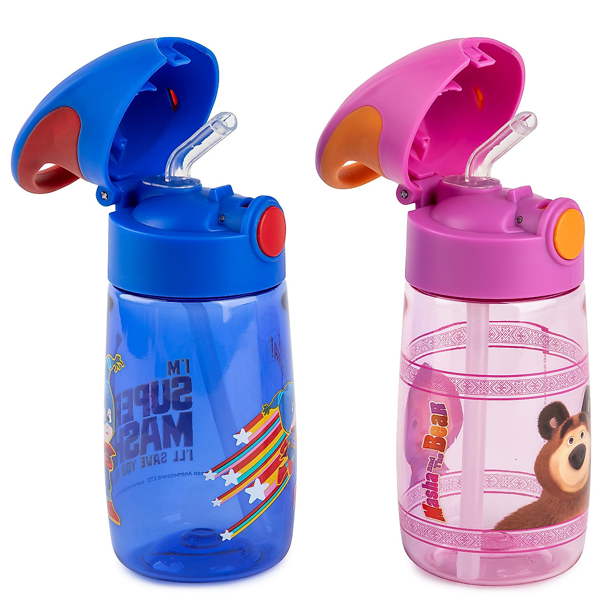 Masha and the Bear 14oz Kids Water Bottle With Straw - Spill Proof Straw Valve, Pop Button, BPA Free Water Bottle for Kids School - Featuring Soft Silicone Handle Grip - Children's Drinkware - Blue