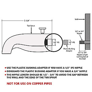 Tub Spout with Push and Pull Diverter, 3/4 inch to 1/2 inch IPS Face Bushing, 5-1/4 inch Length, Chrome Finish