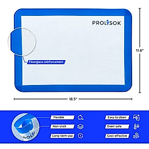 PROLISOK Silicone Baking Mat Pack of 2 – Non-stick Reusable Baking Liners – Food Grade Safe Blue & Orange Oven Mats for Cookies, Macarons & Pastry – 2 Flexible Cooking Mats for Half Baking Sheets