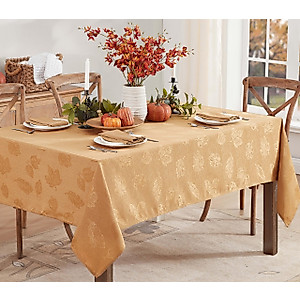 Newbridge Tremont Leaf Damask, Fabric Tablecloth, Swirling Leaves Damask, Print, Soil Resistant, Easy Care Tablecloth, 60 Inch x 144 Inch Rectangle, Gold