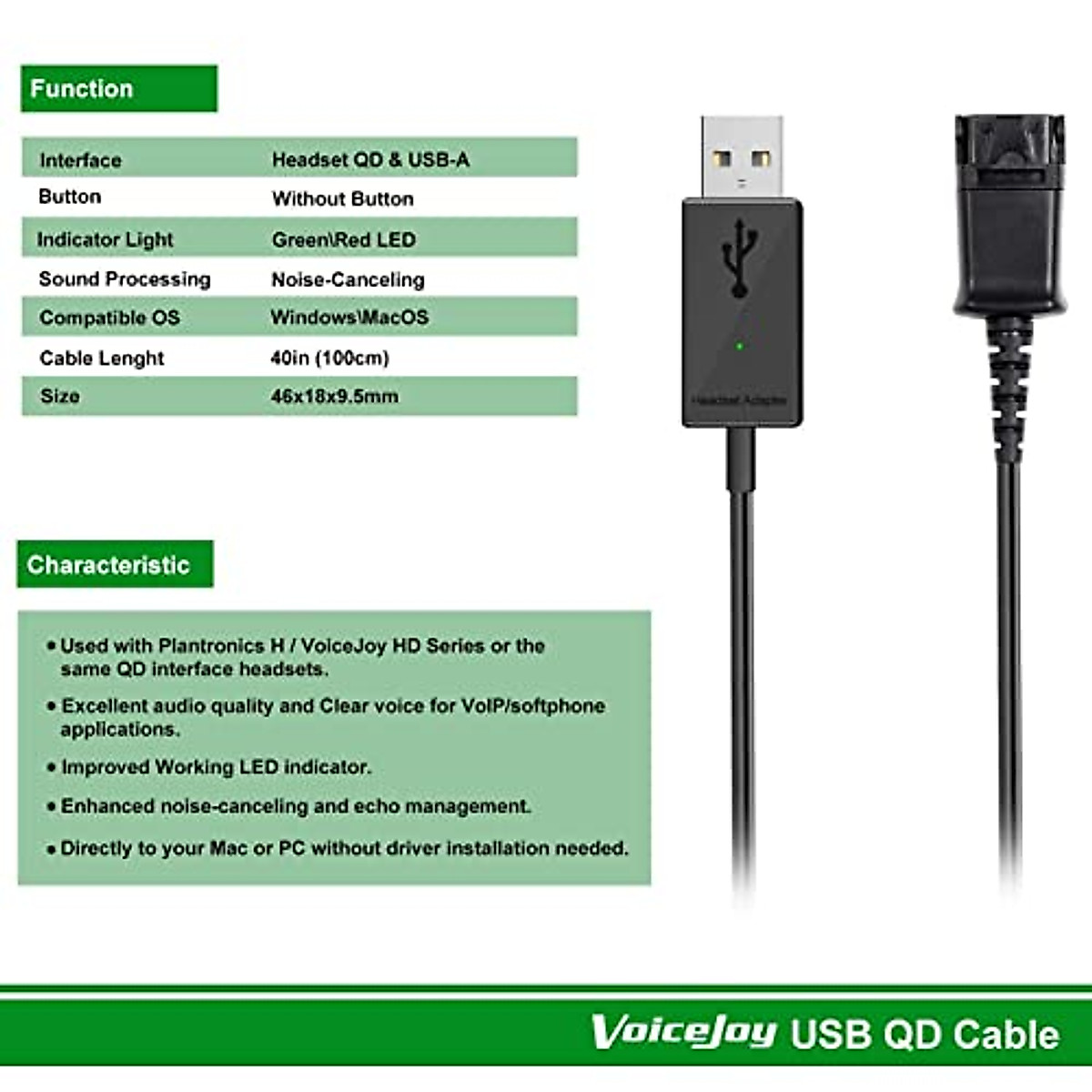 Call Center Office Headset Quick Disconnect QD Cable to USB Plug Adapter for Plantronics Headset QD Connector Plug to Any Computer Laptop VOIP Softphone