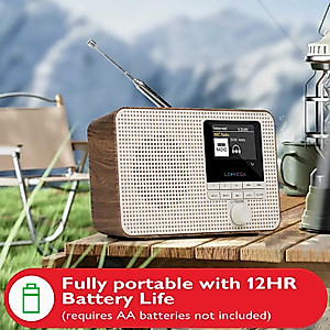LEMEGA IR1 Portable WiFi Internet Radio,FM Digital Radio,Bluetooth Speaker,Dual Alarms Clock,Sleep Snooze Timer,40 Presets, Headphone-Output,Colour Display,Batteries or Mains Powered – Walnut Finish