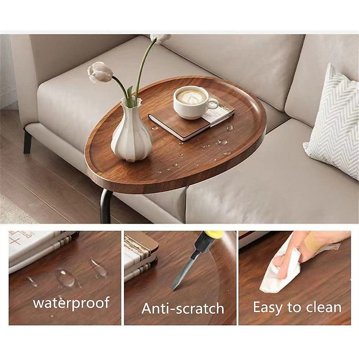 WANLIAN Small Side Table,23inch C Shaped End Table for Sofa and Bed, TV Tray Table with Metal Frame for Couch, Living Room, Bedroom (Brown+Gold)