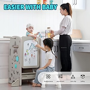UNICOO Multifunctional Kids Step Stool with Double Safety Rails, Height Adjustable, Toddler Tower for Kitchen Countertop and Bathroom with Big Drawing Board & Games (OMLT-Grey)