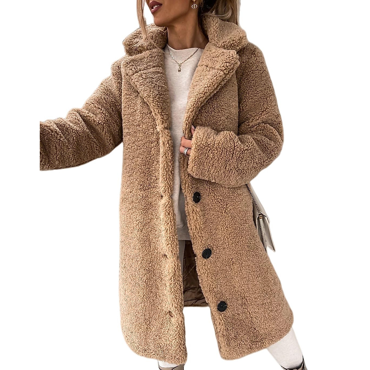 Winter Coats for Women Fuzzy Fleece Long Shacket Jackets Oversized Fashion Lapel Open Front Cardigan Warm Outwear B-Khaki