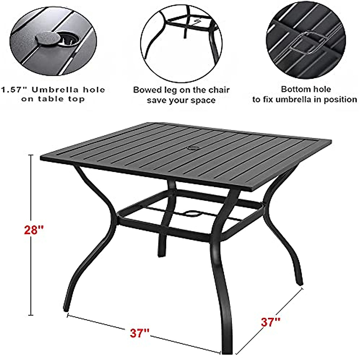 EMERIT Outdoor Patio Bistro Metal Dining Table with Umbrella Hole 37"x37",Black (Dining Table)