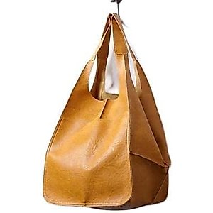 Women Oversize Weekender Handbags - PU Leather Tote Bag - Retro Style Tote Bag - One-Shoulder Handbag Shopping Bag - With Pocket (Yellow)