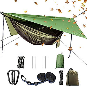 Portable Single Double Nylon High Strength Parachute Hammock Rainfly Set, Camping Hammock with Rain Fly Tarp and Mosquito Net Tent Tree Straps, Backpacking Hiking Travel Yard Outdoor Activities