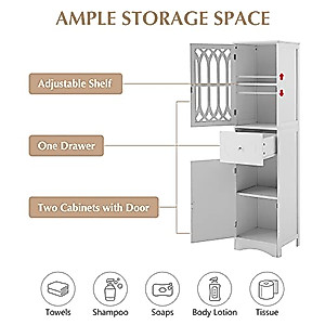 Merax Freestanding Linen Tower Bathroom Storage Cabinet with Adjustable Shelf, Drawer and 2 Doors, Tall Slim, 16.5" L x 14.2''W x 63.8''H, White