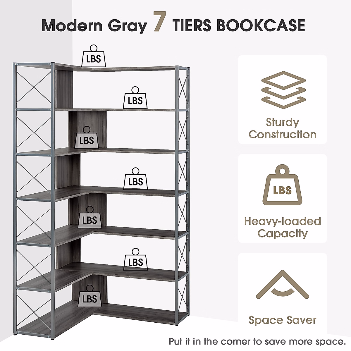 SHMAO 6-Tier Corner Bookshelf, L Shaped Bookshelves, Large Modern Tall Corner Bookcase, Industrial Standing Storage Open Display Rack Bookshelf, Rustic Bookcase for Home Office, Living Room(Grey)