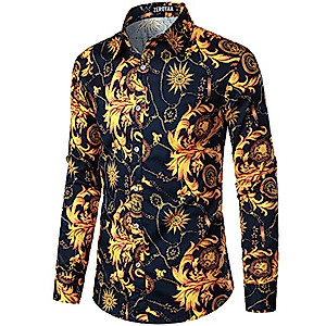 ZEROYAA Men's Luxury Printed Slim Fit Long Sleeve Casual Button Down Stretch Floral Shirt ZLCL37-103-Navy Medium