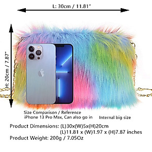 FHQHTH Faux Fox Fur Purse Fuzzy Handbags for Women Evening Handbags Al alloy Shoulder Strap [Multicolor]