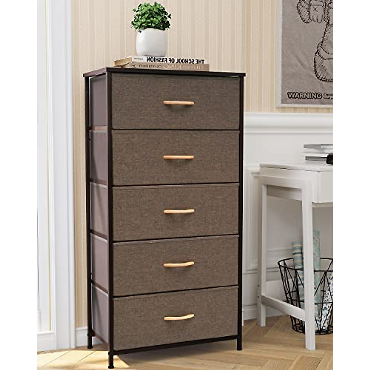 JOINHOM Dresser Storage Tower with 5 Drawers, Fabric Tall Dresser Drawer for Bedroom, Office, Entryway, Living Room and Closet - Sturdy Steel Frame, Easy Pull Bins & Wooden Top