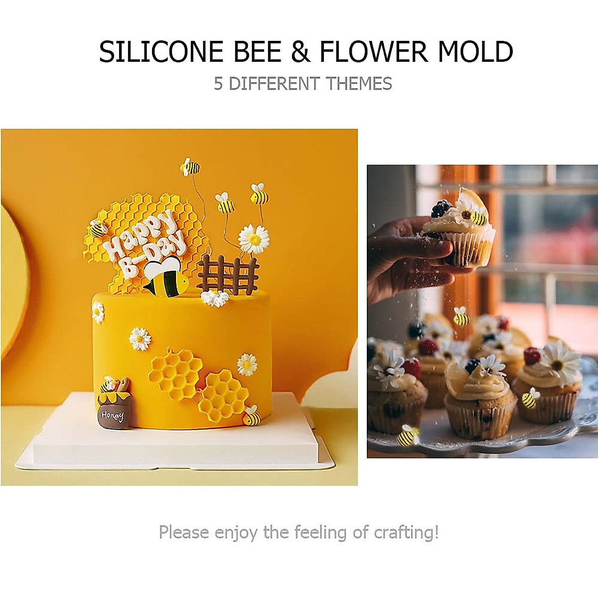 5 Pcs Bumble Bee and Flower Fondant Molds, CNYMANY Handmade Silicone Honeycomb Baking Chocolate Molds for Birthday Party Decoration DIY Cake Topper Candy Cookies Polymer Clay Crafting Project