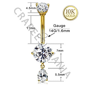 CM Crareesi Mania 10K Solid Gold Belly Button Ring Dangle 10K Yellow Gold Belly Rings 14G Navel Piercing Jewelry Teardrop Belly Bars