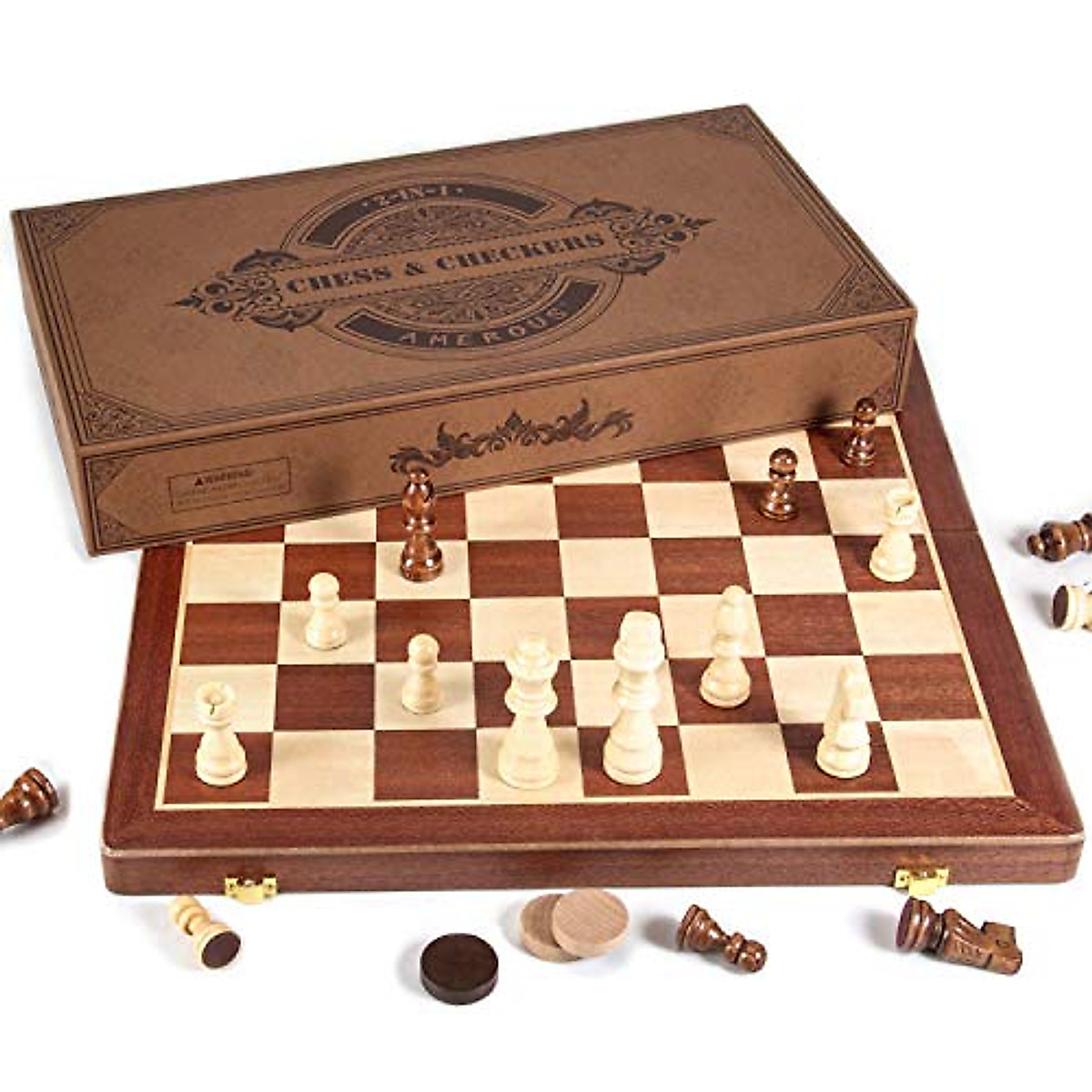 AMEROUS 15 Inches Magnetic Wooden Chess & Checkers Set (2 in 1) - Folding Board -Gift Box Packed -24 Cherkers Pieces -2 Extra Queens - Chessmen Storage Slots, Beginner Chess Set for Kids and Adults