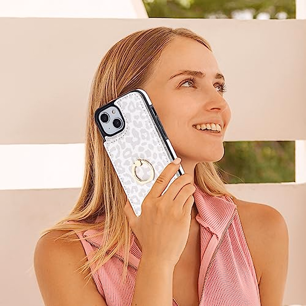 HAOPINSH for iPhone 13/ iPhone 14 Wallet Case with Card Holder, 360°Rotation Ring Kickstand, White Leopard Cheetah Pattern, RFID Blocking Leather for Girls Women, Double Buttons Flip Protective 6.1"