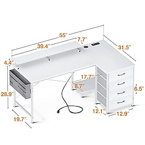 KKL 55 inch L Shaped Computer Desk with USB Charging Port & Power Outlet, L-Shaped Corner Desk with 4 Tier Drawer & Monitor Shelf for Home Office Workstation, Modern Style Writing Table, White