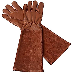BRILLMADE - Rose gloves | Thorn and Cut Resistant Garden & Yard Work | Long Leather Heavy Duty elbow length Gauntlet | Suitable for Thorny Bushes Cacti | Rose Pruning Gloves for Women (L, Brown)