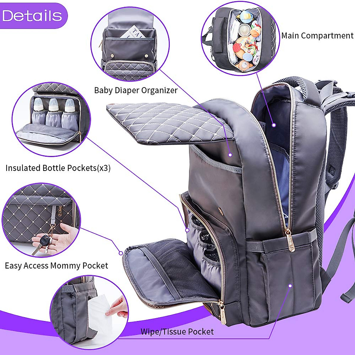 Bamomby Diaper Bag Backpack, Multi-Function Travel Backpack Bags,Registry Baby Shower Gifts (Gray)