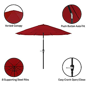 Pure Garden 50-100-RB Patio Umbrella with Auto Tilt – 10 Ft Easy Crank Sun Shade with 19lb Weighted Base for Deck, Porch, Outdoor Furniture, or Pool (Red)