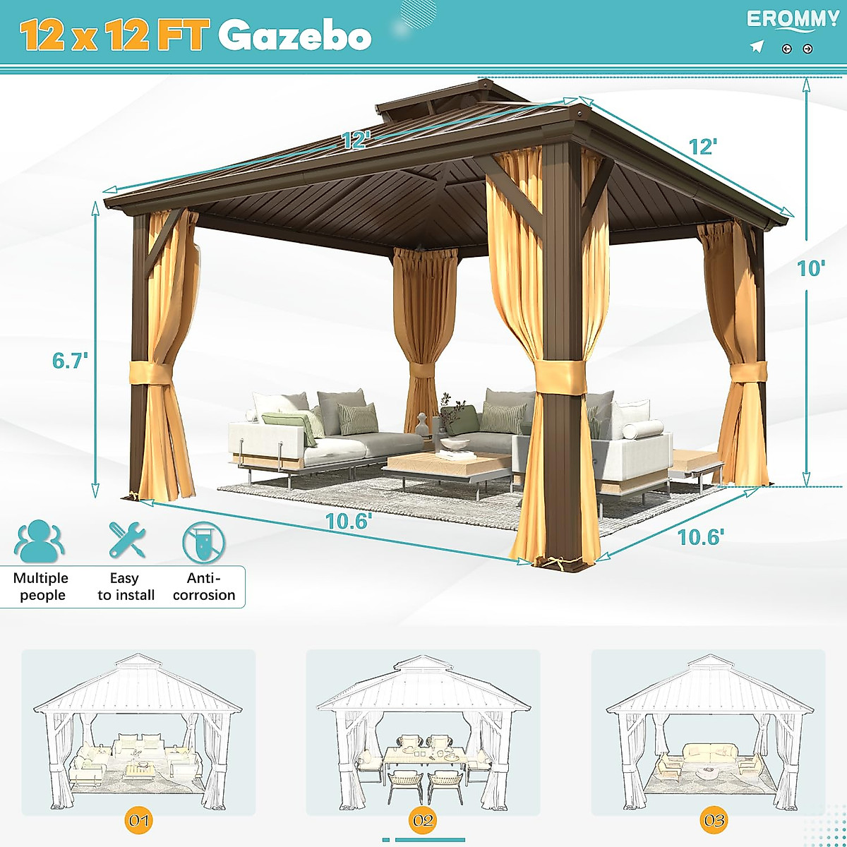 EROMMY Hardtop Gazebo 12' x 12', Galvanized Steel Double Roof Gazebo with Aluminum Frame, Permanent Outdoor Metal Pavilion with Curtain and Netting for Patio, Lawn and Garden