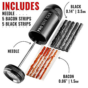 PRO BIKE TOOL Tubeless Bike Tire Repair Kit – for MTB and Road Bicycle Tires – Fix a Puncture or Flat, Fast – Tackle Set Includes Storage Canister, Plugger Tool and Plugs - 5 Bacon and 5 Black Strips