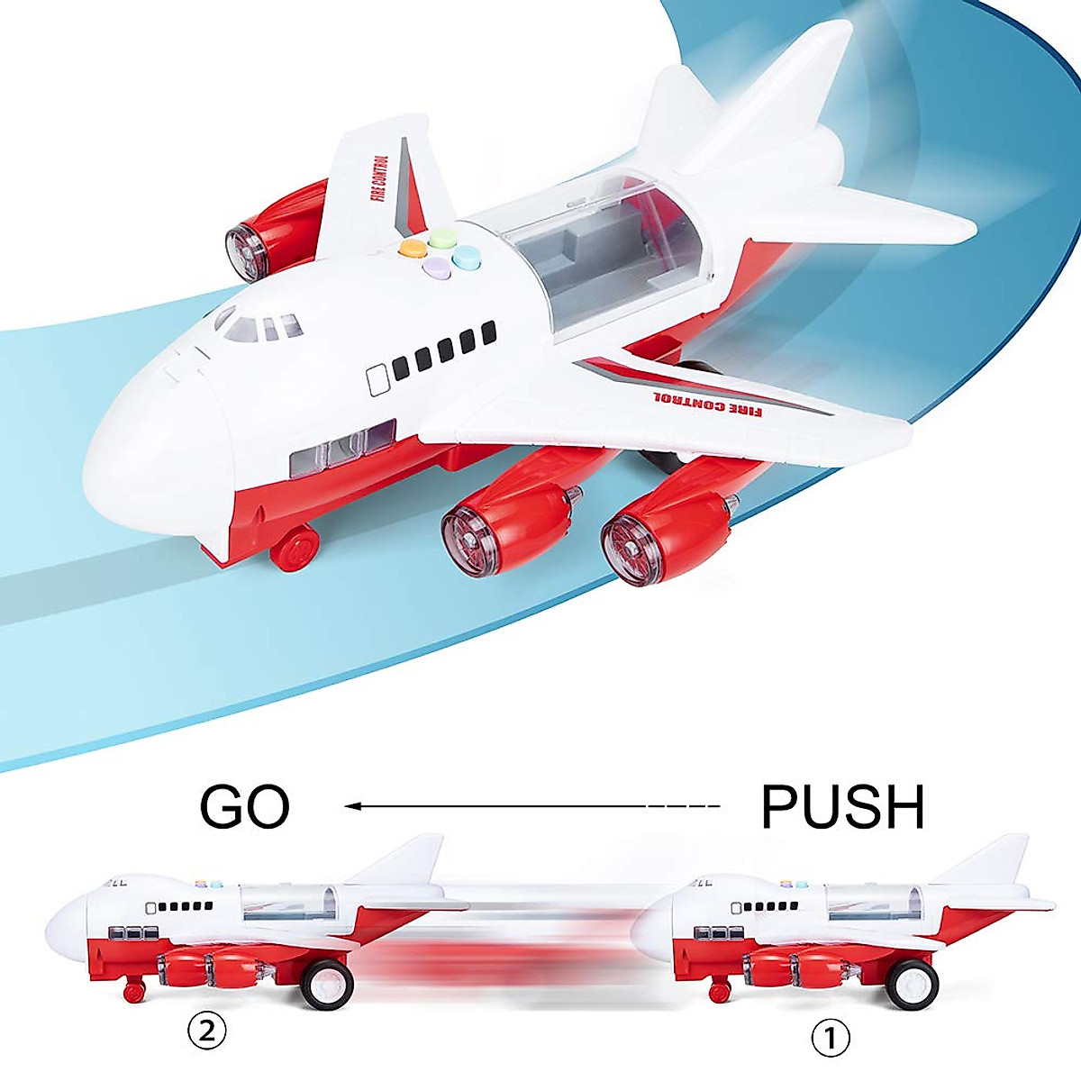 Car Toys Set with Transport Cargo Airplane, Educational Vehicles Fire Fighting Car Set for Kids Toddlers Child Gift for 3 4 5 6 Years Old, Large Play Mat, 6 Trucks Large Plane 11 Road Signs