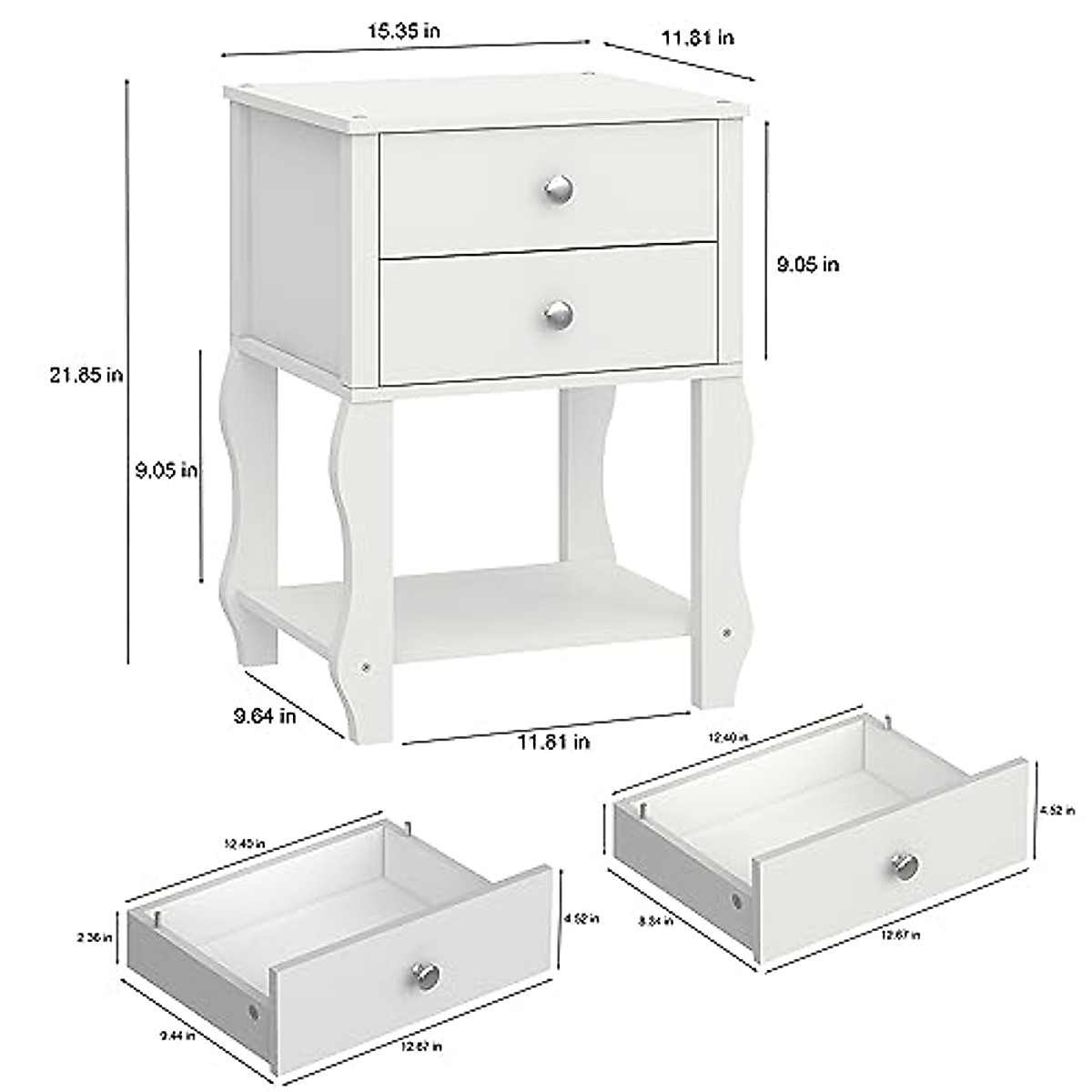 White Nightstand with 2 Drawers,Mid-Century Modern Wooden End Table for Small Bedroom,Dormitory,11.81" D x 15.35" W x 21.85" H XXCTG03W