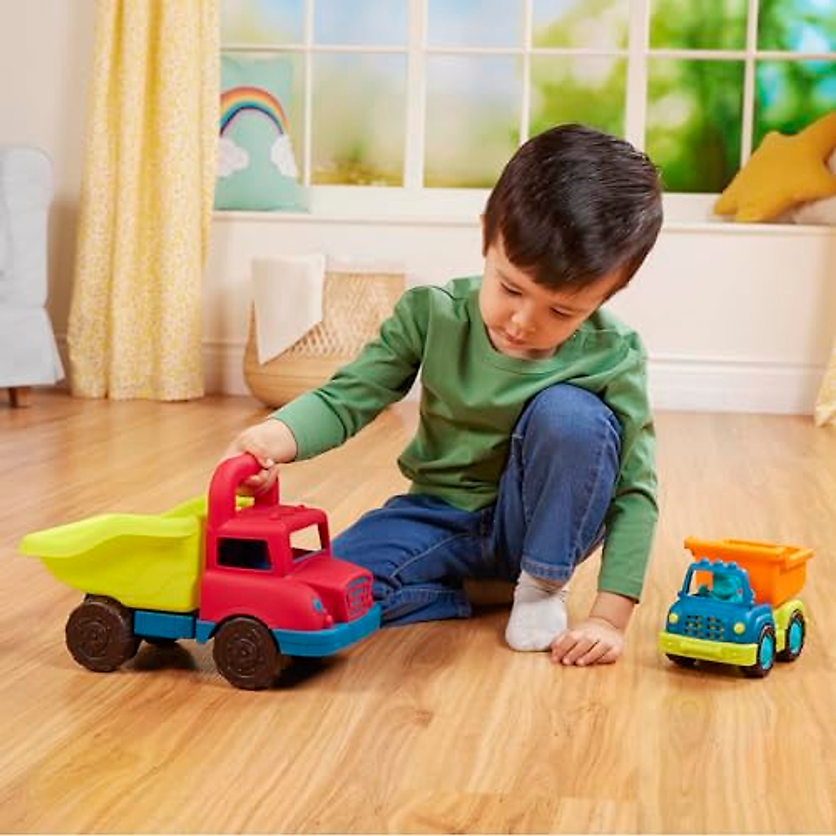 B. toys- B. play- Grab-n-Go Truck Set- 2 Dump Trucks – 1 Large Truck & 1 Small Truck – Big Truck with Handle & Mini Truck with Driver – Toy Trucks for Toddlers, Kids- 1 Year +