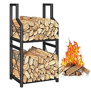 Small Firewood Rack Holder for Indoor Fireplace, 2-Tier Fire Wood Log Storage Rack Stacker Stand, Strong and Durable for Outdoor Patio, Fire Pit, Stove, Black