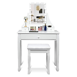 CHARMAID Vanity Set with Lighted Mirror, Makeup Table with 10 LED Dimmable Bulbs, 3 Drawers, 2 Dividers, Modern Bedroom Dressing Table Vanity Desk with Stool for Women Girls (White)
