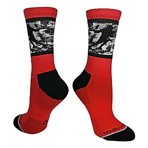 MadSportsStuff Lacrosse Socks with Player on Camo Background Crew Socks (Red/Black, Large)
