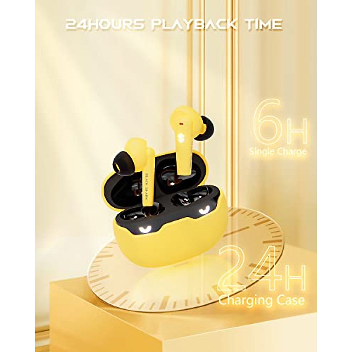 Black Shark Bluetooth Earbuds Wireless Earbuds with Emoji LED Light, Gaming Earbuds with 45ms Ultra Low Latency, Bluetooth 5.1, Music and Gaming Dual Modes, 24H Playtime, IPX5 Waterproof- Yellow