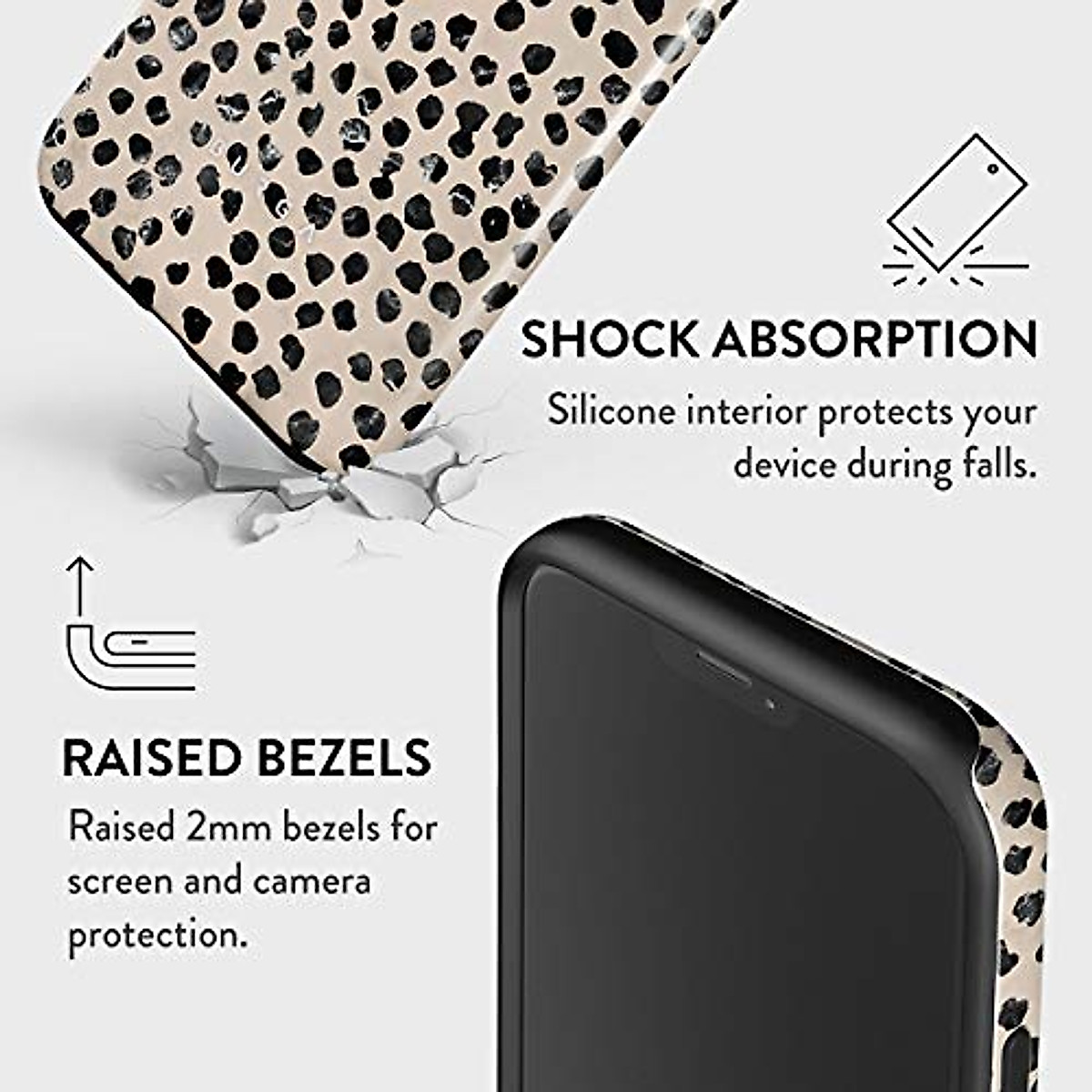BURGA Phone Case Compatible with iPhone 12 Mini - Hybrid 2-Layer Hard Shell + Silicone Protective Case -Black Polka Dots Pattern Nude Almond Latte - Scratch-Resistant Shockproof Cover