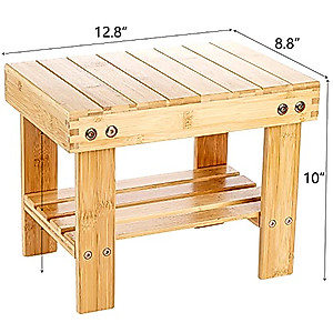 Lawei Bamboo Step Stool, Bamboo Foot Rest Stool Bamboo Shower Bench Stool with Storage Shelf for Kids Children Adult, Works in Bathroom Living Room Bedroom Garden