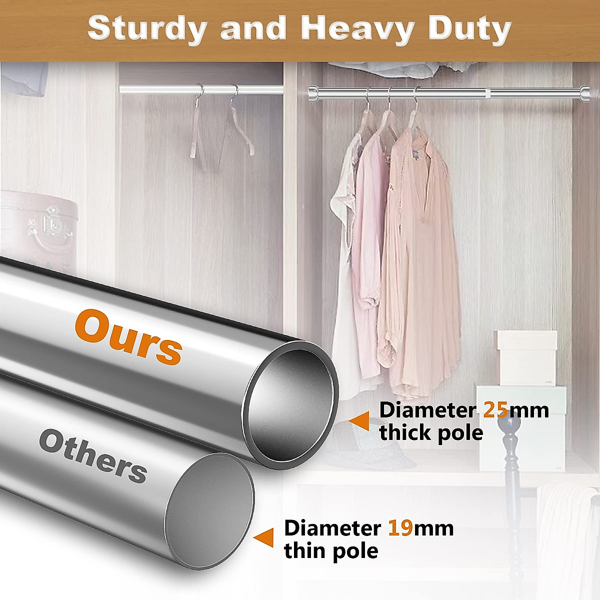 CALCHELE Closet Rod for Hanging Clothes Heavy Duty Clothes Rod Pole for Closet 15 to 39 Inch Adjustable Closet Rods for Wardrobes