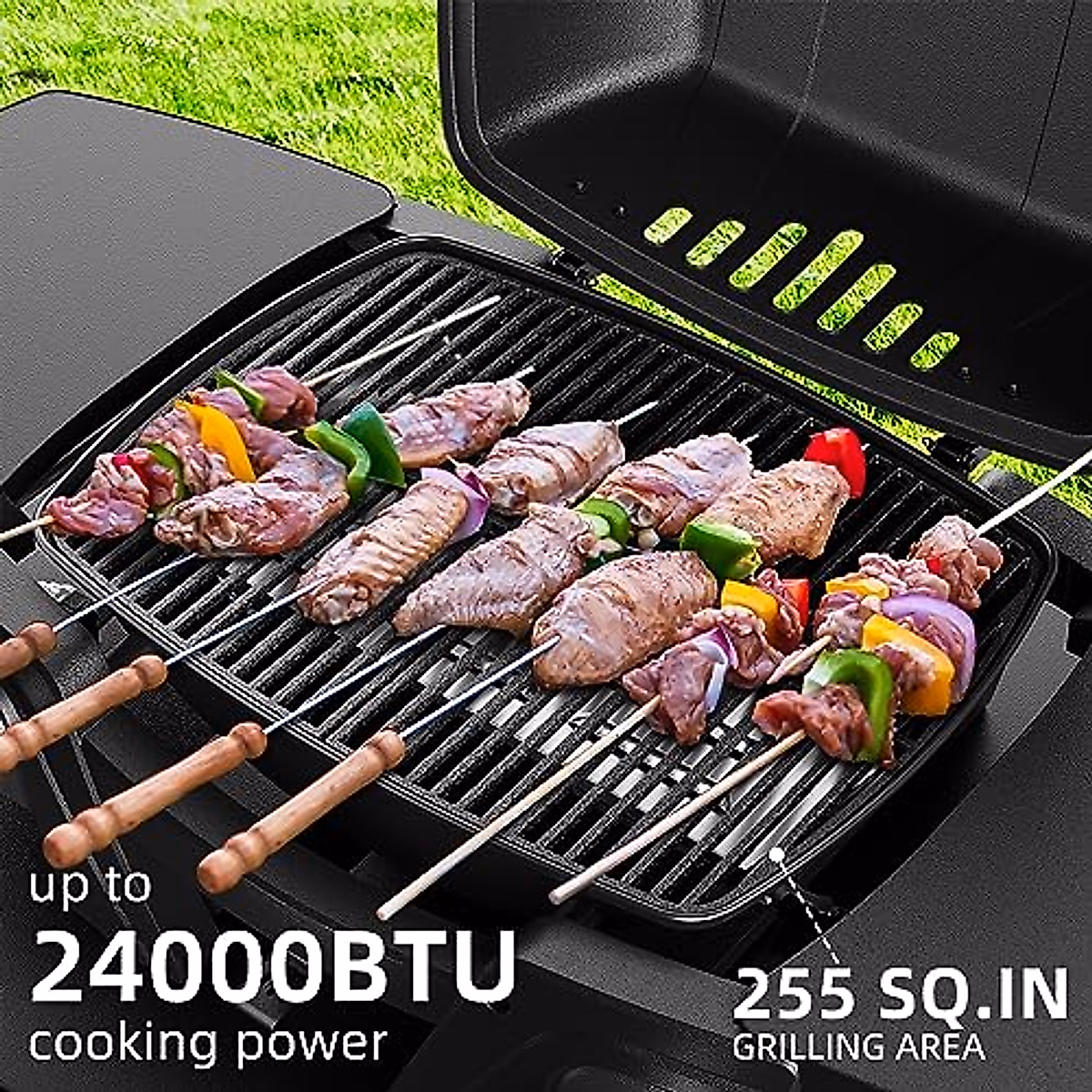 Portable Propane Gas Grill, 2-Burner Portable Gas Grill Small Tabletop Gas Grill, 24000BTU BBQ Outdoor Griddle Gas Grill with Removable Side Tables, Thermometer, Regulator, Gas Hose, Red