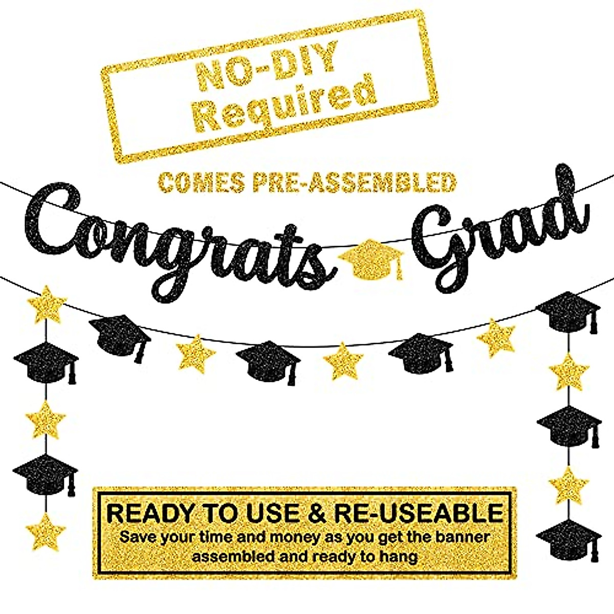 Congrats Grad Banner, Black Glitter - 10 Feet and Cap Garland, No DIY | Graduation Banner, College Graduation Decorations | Black and Gold Graduation Party Decorations 2023 | Congratulations Banner