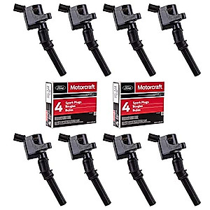 MAS Ignition Coil DG508 & Motorcraft Spark Plug SP479 compatible with Ford 4.6L 5.4L V8 DG457 DG472 DG491 CROWN VICTORIA EXPEDITION F-150 F-250 MUSTANG LINCOLN MERCURY EXPLORER (Set of 8)