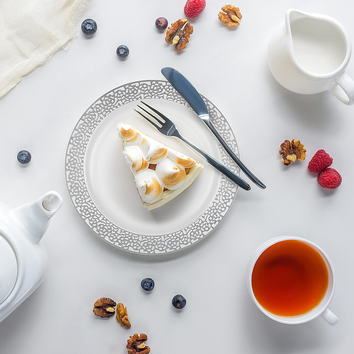 Elegant Plastic Dinner Plates Set China Link Disposable Dinnerware Set With Beautiful White Silver Lace Rims Plate Set Comes With 25 Dinner 10.25'' Plates 25 Salad Plates 25 7.25''