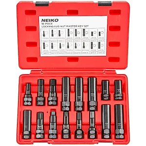 Neiko 02457A Lug-Nut Key Set, Wheel-Lock Removal Tool Kit for Aftermarket and Factory Wheel Tire Keys, SAE and Metric Lug Sockets, 16 Pieces