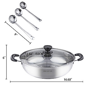 Lake Tian Stainless Steel Shabu Shabu Chinese Hot Pot With Lid, Dual Sided Yin Yang Hot Pot Pot with Divider Set Include 3 Pot Spoons, Divided Hotpot Pot, Portable, 鸳鸯火锅 (32cm/12.6″)