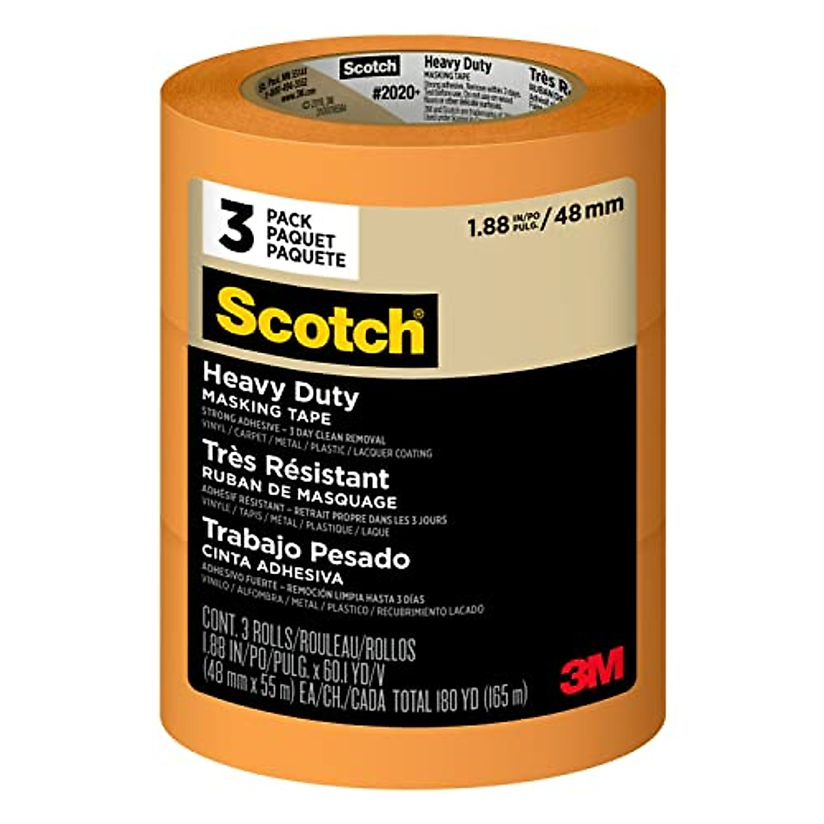 Scotch 2020+-48EP3 Heavy Duty Masking Tape, 1.88" Width, Orange