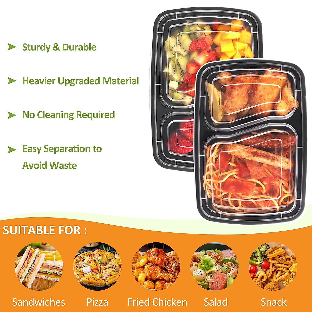 Eupako 55 Sets 32 oz Meal Prep Container Reusable - Plastic-Food-Storage-Containers-with-Lids, Disposable To Go Containers, Portion Control - Microwave, Dishwasher, Freezer Safe (2 Compartment)