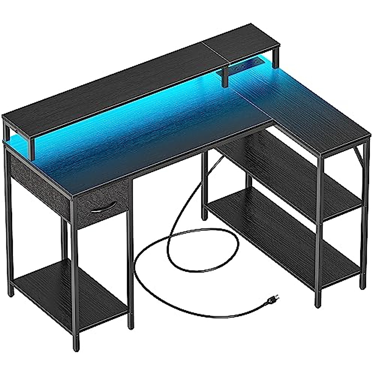 SUPERJARE L Shaped Gaming Desk with LED Lights & Power Outlets Reversible Computer Desk and Nightstands Set of 2 with Charging Station & LED Light Strips, Black