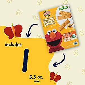 Earth's Best Organic Kids Snacks, Sesame Street Toddler Snacks, Organic Crunchin' Grahams for Toddlers 2 Years and Older, Honey Sticks with other Natural Flavors, 5.3 oz Box